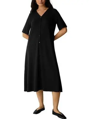 Eileen Fisher V-neck Midi Dress With Button-up Front - Black