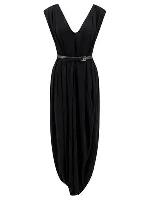 Loewe Long Viscose Dress With Deep V-neck And Removable Leather Belt - Black