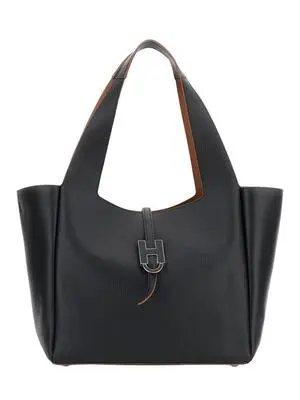 Hogan Hogan Black Leather Tote Bag With Embossed Logo Pendant Nero