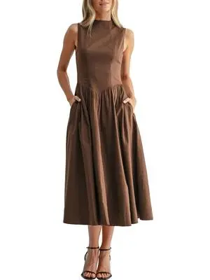 QUINCY MAE Mila Mae Mock Neck Drop Waist Midi Dress Brown