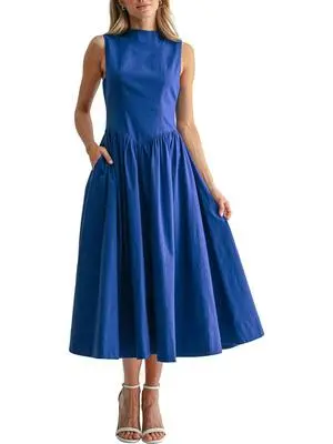 QUINCY MAE Mila Mae Mock Neck Drop Waist Midi Dress Cobalt