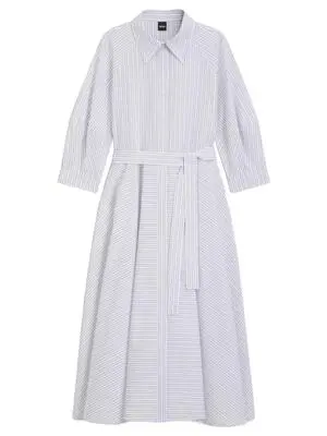 Hugo Boss Striped Cotton Poplin Shirt Dress With Self-tie Belt And Three-quarter Length Sleeves - Pattern