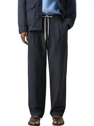 Mango Linen-blend Drawstring Waist Trousers - Navy