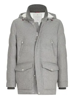 Brunello Cucinelli Bonded Wool Flannel Down Parka With Detachable Hood - Gray