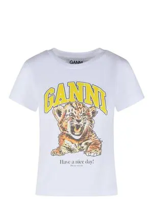 GANNI Cotton T-shirt With Tiger Print - White