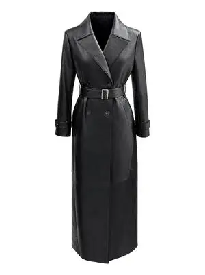 EXQUISE Belted Eco Leather Trench Coat - Black