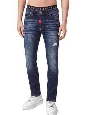 Philipp Plein Slim Fit Jeans With Embellished Pocket - Blue Storm