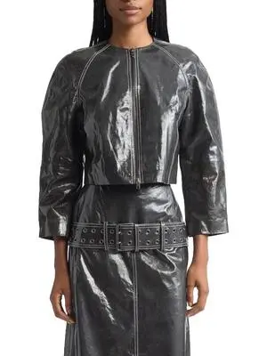DIESEL® Cropped Patent Leather Jacket With Cocoon Sleeves - Grey