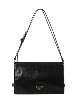 Prada Black Calf Leather Medium Shoulder Bag With Foldover Top - Multicolor