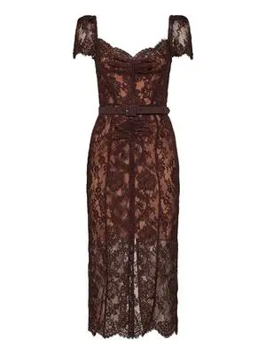 SELF-PORTRAIT Self-Portrait Brown Floral Lace Belted Midi Dress Multicolor