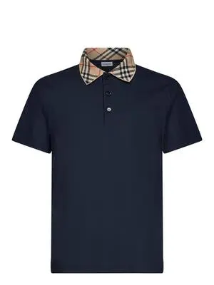 Burberry Navy Blue Cotton Pique Polo Shirt With Check Collar - Multicolor