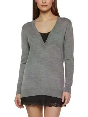 Sandro Lace-trim V-neck Fine Knit Sweater - Grey