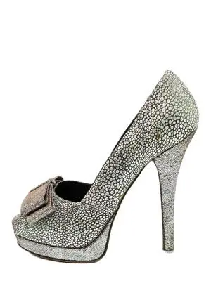 Fendi Tone Brocade Bow Detail Platform Stiletto Pumps - Silver