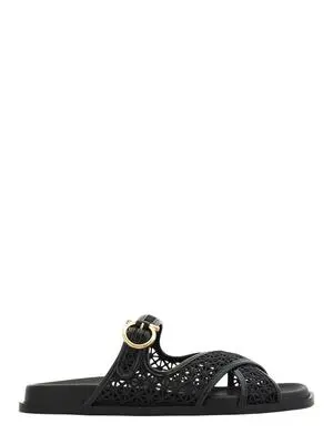 FERRAGAMO Ferragamo Gancini Buckle Crossover Slides Black