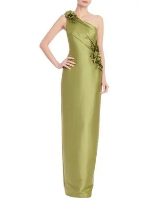 Badgley Mischka Floral Embellished Column Gown - Chartreuse