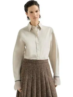 Brunello Cucinelli Stretch Cotton Poplin Shirt With Shiny Silk Cuffs - Ivory
