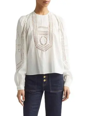 Ulla Johnson Marlowe Long Sleeve Cotton Top With Pintucks And Lace - Pristine