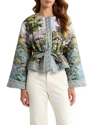 Farm Rio Quilted Landscape Cotton Jacket With Drawstring Waist - Green