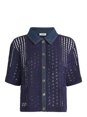 Sandro Crochet Cardigan With Denim Trim - Blue