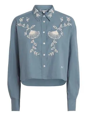 Veronica Beard Cropped Beaded Cotton Poplin Shirt - Blue