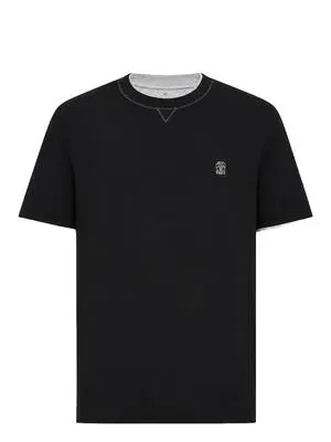 Brunello Cucinelli Cotton T-shirt With Front Logo And Contrasting Trim - Black