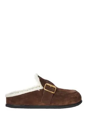 Prada Suede And Shearling Mule With Buckle - Brown