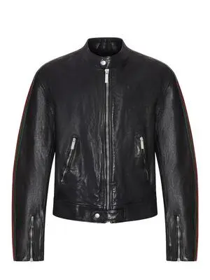 Gucci Buffalo Leather Bomber Jacket With Web Stripe - Black