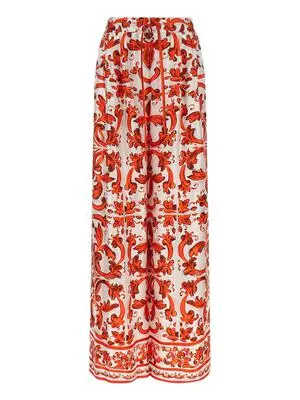 Dolce & Gabbana Silk Twill 'maiolica' Print Wide Leg Pants - Orange