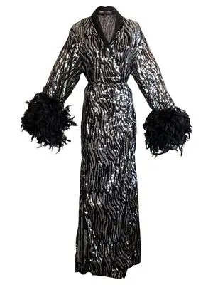 JENNAFER GRACE Marlene Sequin Embellished Wrap Maxi Dress With Feathered Cuffs - Black