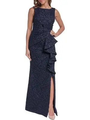 Eliza J Metallic Floral Jacquard Gown With Cascade Ruffle And Slit - Navy