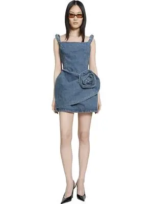 Magda Butrym Off-shoulder Denim Mini Dress With 3d Floral Detail - Blue