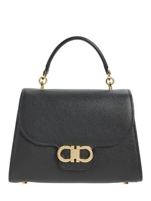 FERRAGAMO Medium Double Gancini Leather Top Handle Bag - Nero