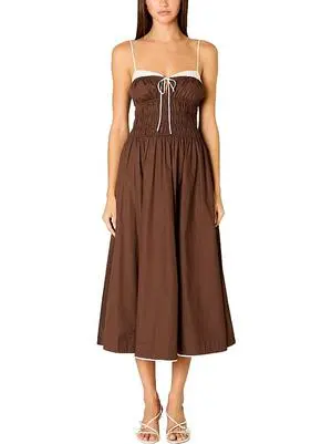 NIA Thomas Sleeveless Midi Dress With Ruched Bodice And Contrast Trim - Coffee