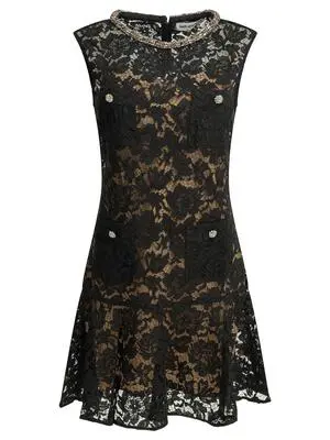 SELF-PORTRAIT Embroidered Lace Mini Dress With Rhinestone Trim - Black