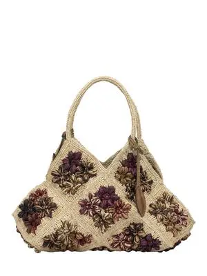 AFAR Raffia Shoulder Bag With Floral Embellishments - Multicolor