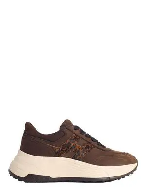 Hogan Hi-fi' Suede Sneakers With Leopard Accent - Brown