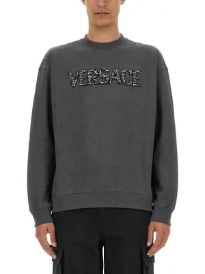 Versace Crewneck Sweatshirt With Embellished Logo - Gray