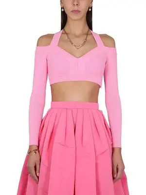 Alexander McQueen Cropped Ribbed Knit Top With Cold Shoulder Detail - Pink
