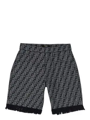 Fendi Ff Monogram Denim Bermuda Shorts With Frayed Hem - Multicolor