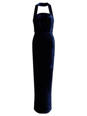 Roland Mouret Velvet Gown With Scarf Detail And Corsetry - Navy
