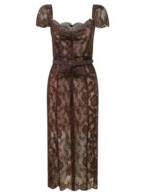SELF-PORTRAIT Belted Floral-lace Midi Dress - Brown
