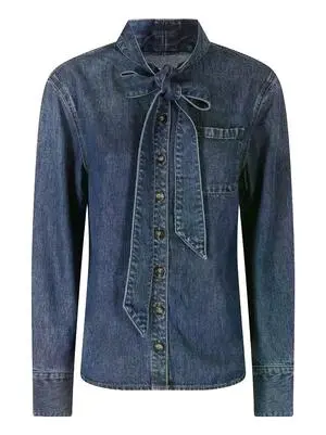 SELF-PORTRAIT Tie-neck Denim Shirt - Blue