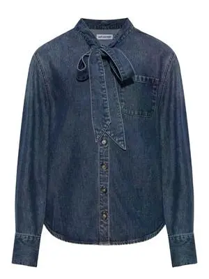 SELF-PORTRAIT Tie-neck Denim Shirt - Blue