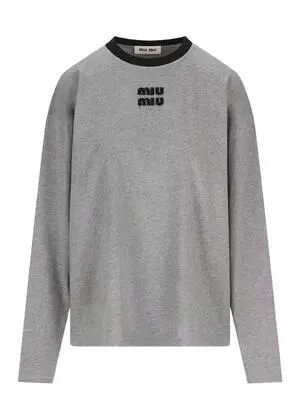 Miu Miu Logo Patch Long Sleeve Sweater - Grey