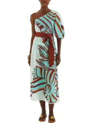 Farm Rio One-shoulder Graphic Print Midi Dress - Blue