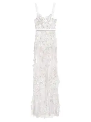 GENNY Floral Appliqué Sequin Embellished Maxi Dress - White