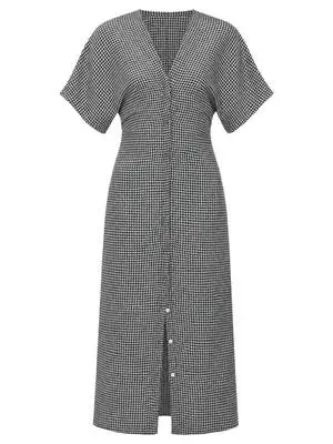 SUPER BLOND Houndstooth Pattern V-neck Short-sleeve Midi Dress - Black
