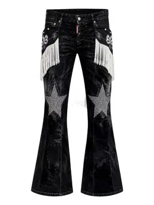 Dsquared2 Acid Wash Flare Jeans With Star Patch And Fringe Detail - Black