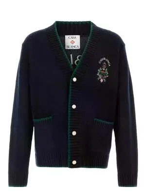 Casablanca Logo Embroidered Contrast Trim V-neck Cardigan - Blue