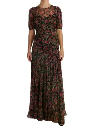 Dolce & Gabbana Floral Print Puff Sleeve Maxi Dress - Black